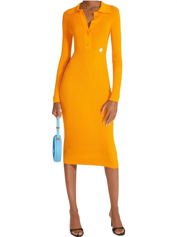 PATOU Knitted Midi Dress With Polo Collar And Embroidered Logo - Orange