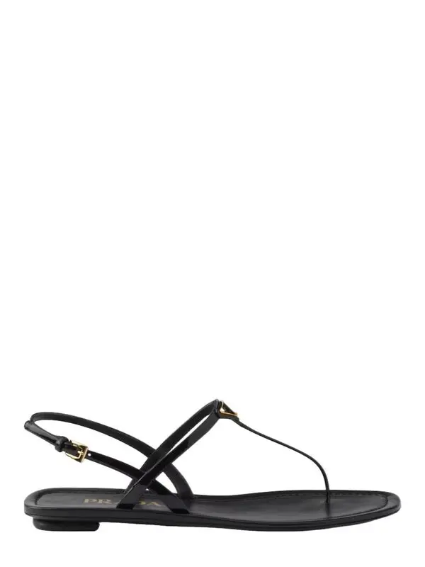 Prada Patent Leather Thong Sandals With Metal Buckle And Enamel Triangle Logo - Black