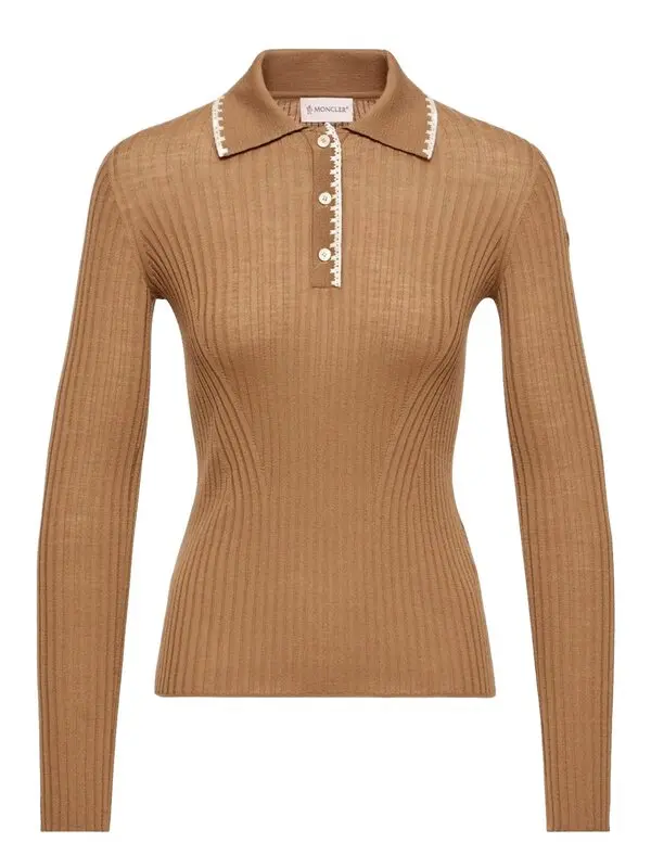 Moncler Wool Long Sleeve Polo Shirt With Embroidered Trim - Beige