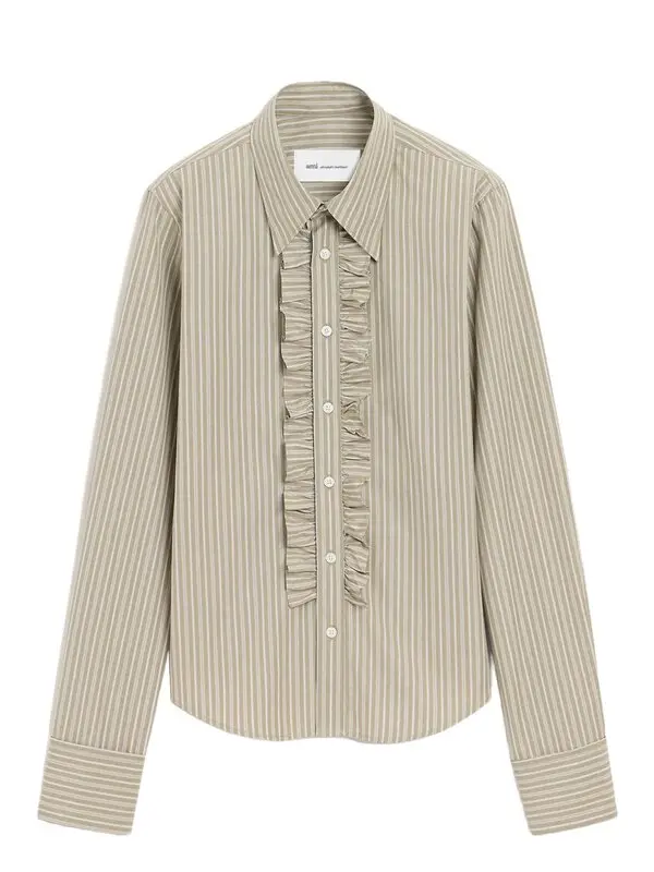 Ami Striped Ruffled Shirt - Taupe/white