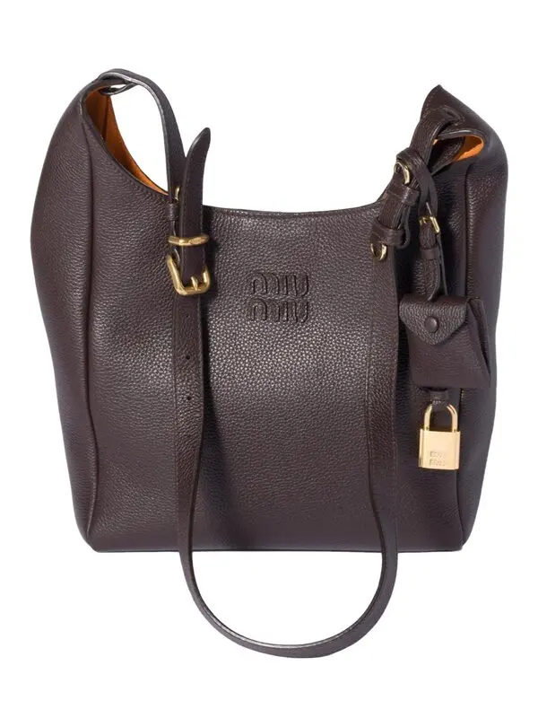 Miu Miu Textured Leather Bucket Bag With Gold-tone Hardware - Dark Brown/papaya Color