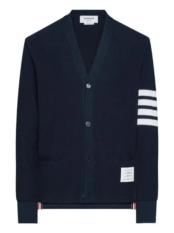 Thom Browne 4-bar Honeycomb Knit V-neck Cardigan - Navy Blue