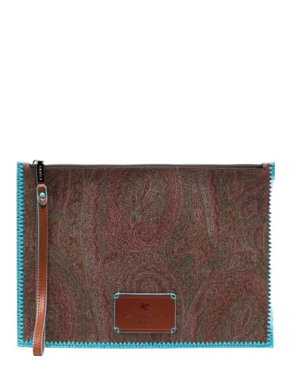 Etro Paisley Print Leather Trimmed Clutch Bag - Brown/blue
