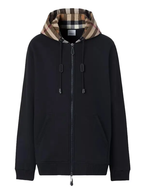Burberry Zip-up Drawstring Hoodie With Plaid Interior - Black