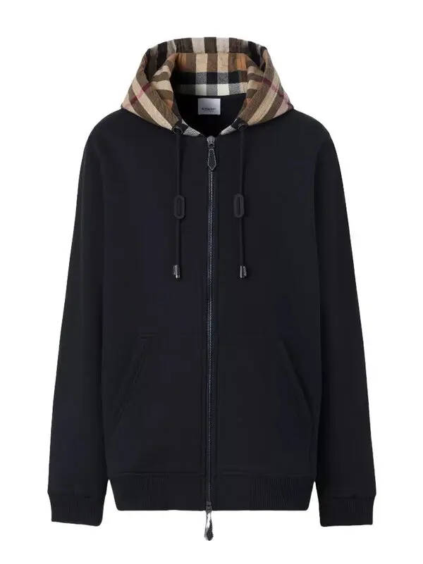 Burberry Zip-up Drawstring Hoodie With Plaid Interior - Black