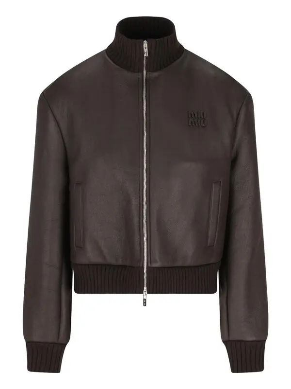 Miu Miu Leather Bomber Jacket With Ribbed Accents - Brown