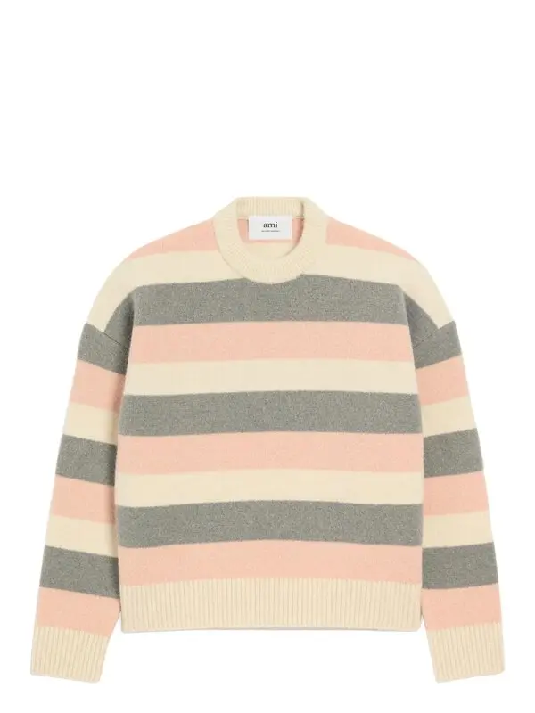 Ami Striped Crewneck Sweater - Gray/pink/off-white
