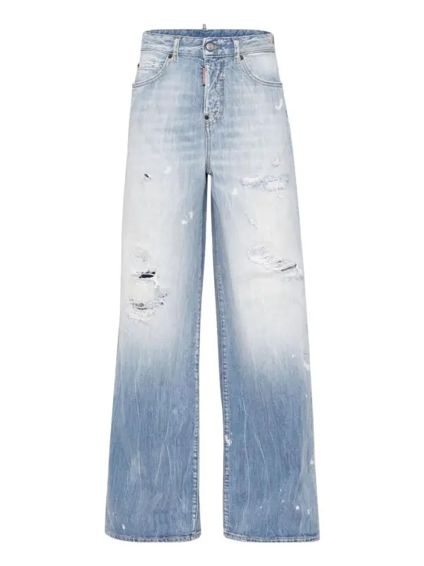 Dsquared2 Distressed Wide-leg Jeans With Logo Patch - Blue