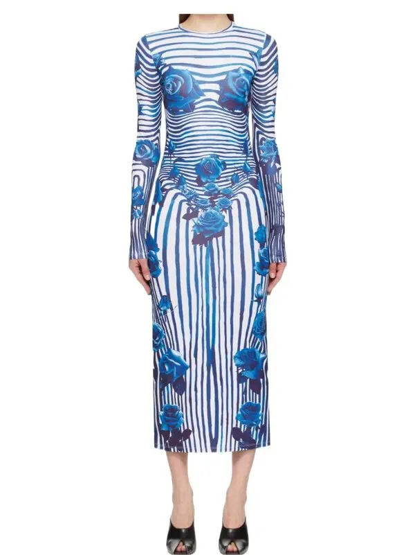 JEAN PAUL GAULTIER Floral Print Long Sleeve Midi Dress - Blue