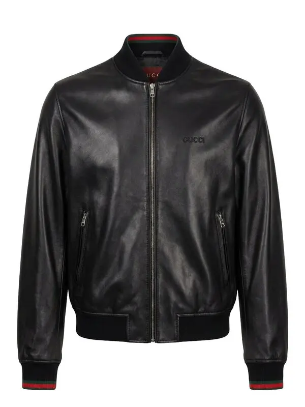 Gucci Leather Zip-up Jacket With Embroidered Logo - Black