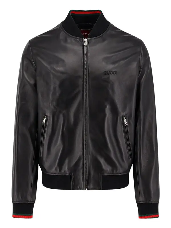 Gucci Leather Zip-up Jacket With Embroidered Logo - Black