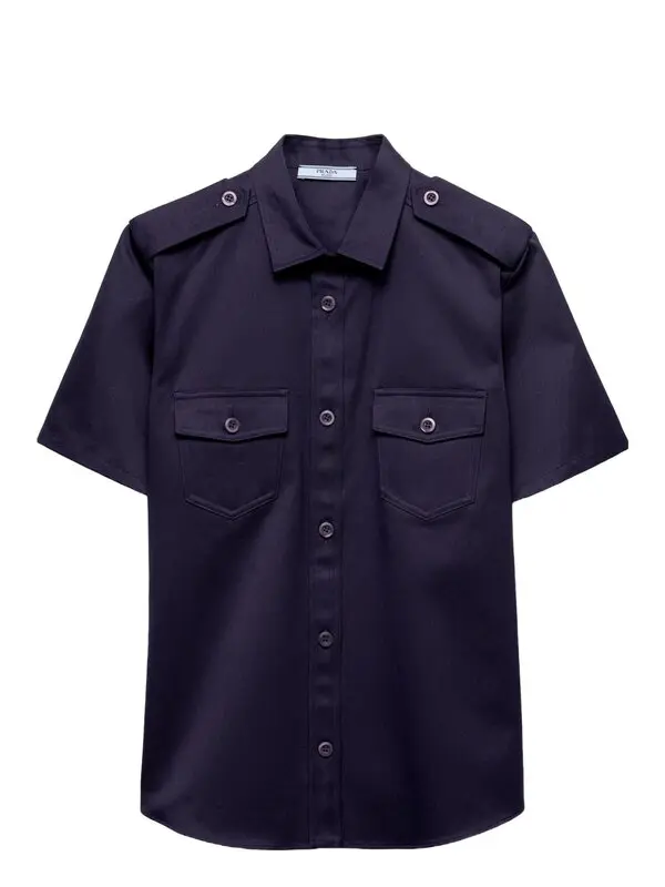 Prada Short-sleeved Buttoned Shirt With Classic Collar - Navy Blue