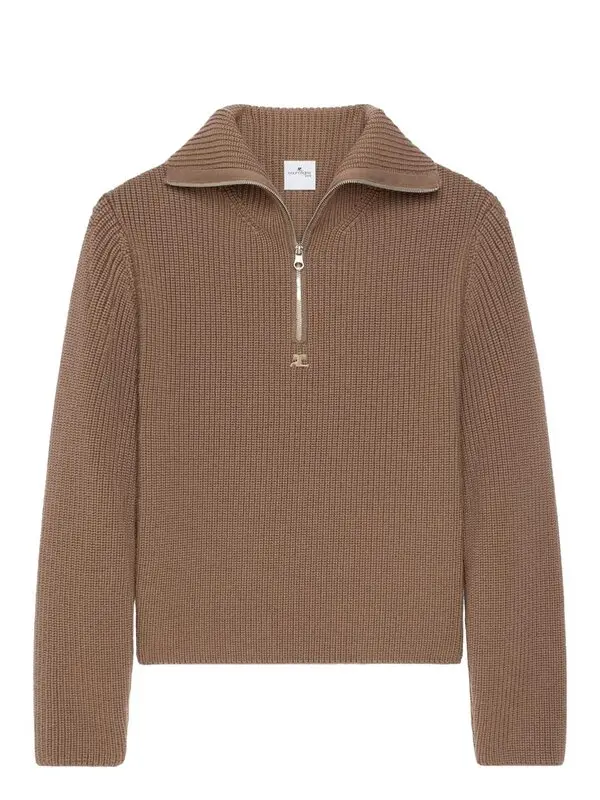 COURREGES Half-zip Ribbed Knit Sweater - Mocha