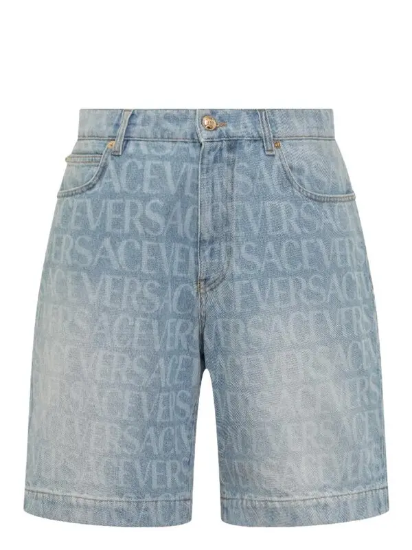 Versace Mid Rise Logo Printed Denim Shorts - Gray