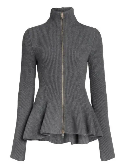 Alaïa Zip-up Ribbed Knit Sweater With Peplum - Black