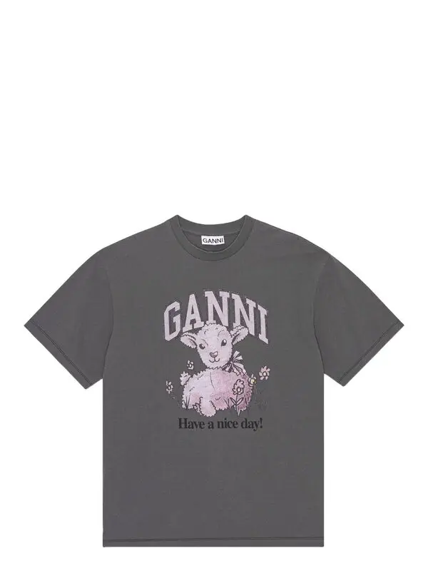 GANNI Logo Printed Crewneck T-shirt - Gray