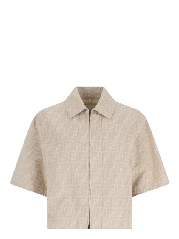 Fendi Ff Chambray Jacket With Classic Collar And Short Sleeves - Beige
