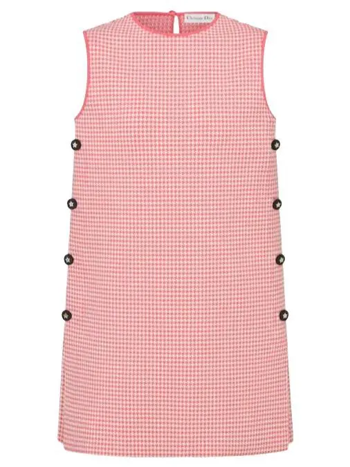 Dior Sleeveless Houndstooth Dress With Star Buttons - White/candy Pink