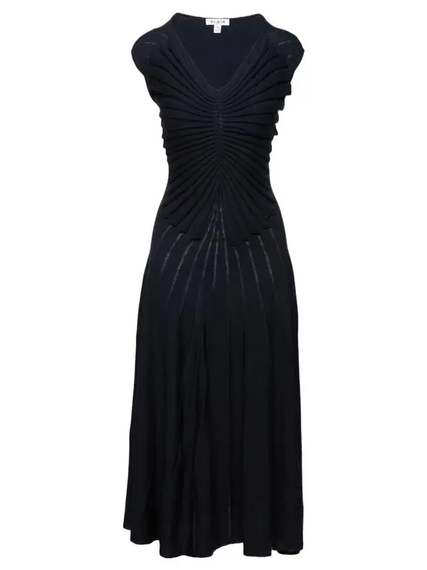 Alaïa V-neck Pleated Sleeveless Dress - Black