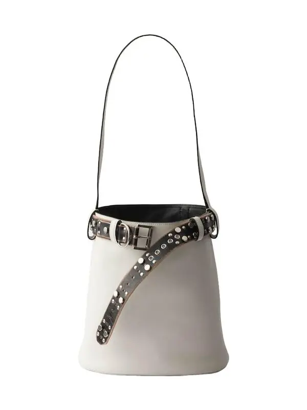 Prada Buckle Leather Bucket Bag With Studded Belt - White/black