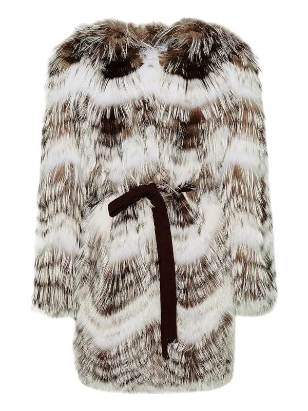 YVES SALOMON Belted Coat In Merino Knit And Fox Fur - White Moon Tone