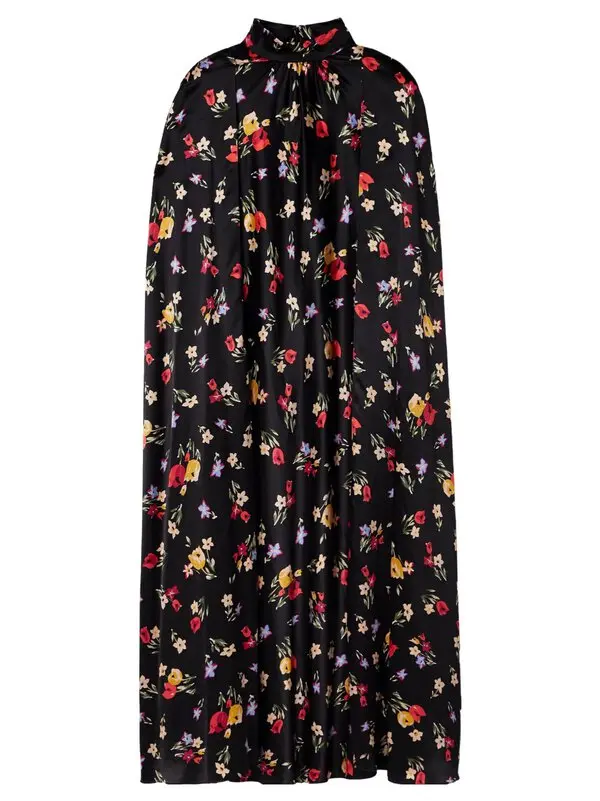 RODARTE Floral Print Silk Charmeuse Cape Effect Midi Dress - Black