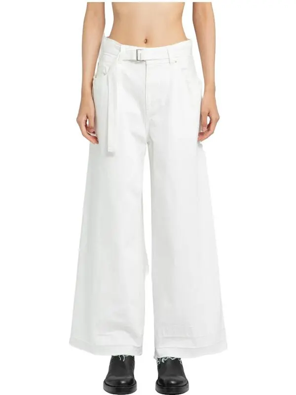 Sacai Belted High-waisted Flared Jeans With Rough Hem - White