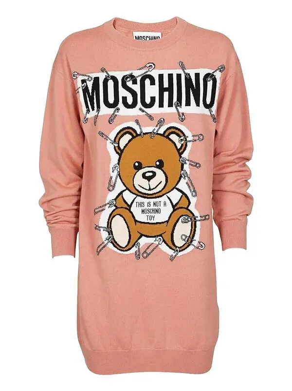 Moschino Teddy Bear Safety Pin Pullover Sweater Dress - Pink