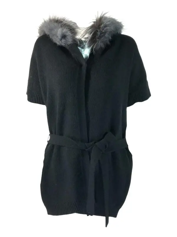 Max Mara Short Sleeved Knitted Cardigan With Waist Tie And Fur Trimmed Hood - Black
