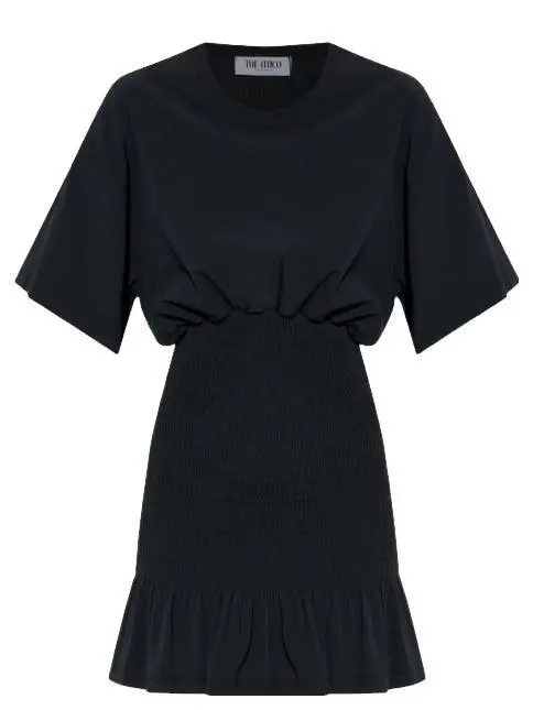 Attico Smocked Ruffled Mini Dress - Black