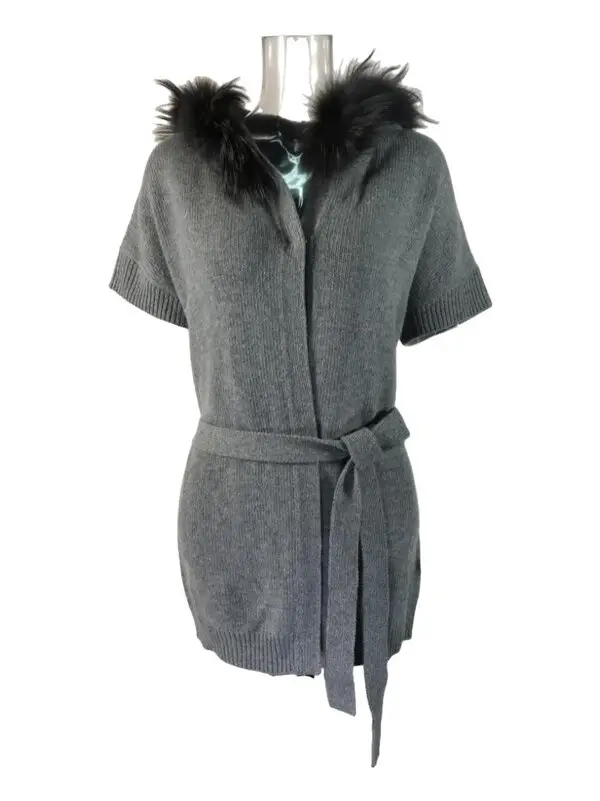 Max Mara Short-sleeved Knitted Cardigan With Hood And Waist Strap - Gray