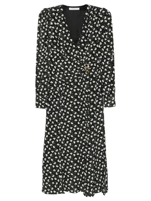 Alessandra Rich Printed Long Sleeve Midi Dress - Black/white