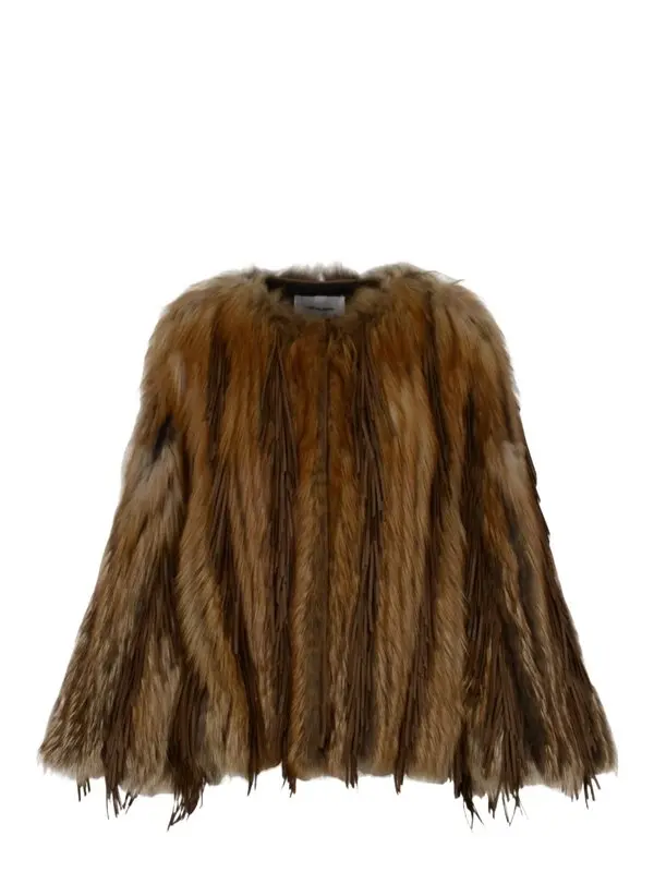 YVES SALOMON Long-sleeved Fur Coat With Leather Tassels - Brown