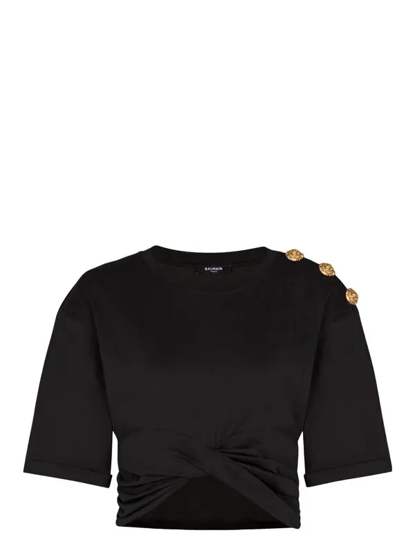 Balmain Cropped Tie T-shirt With Lion Head Snaps - Black