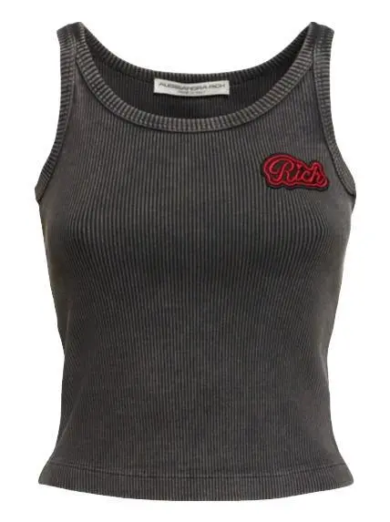 Alessandra Rich Ribbed Vest With Embroidered Logo Patch - Black
