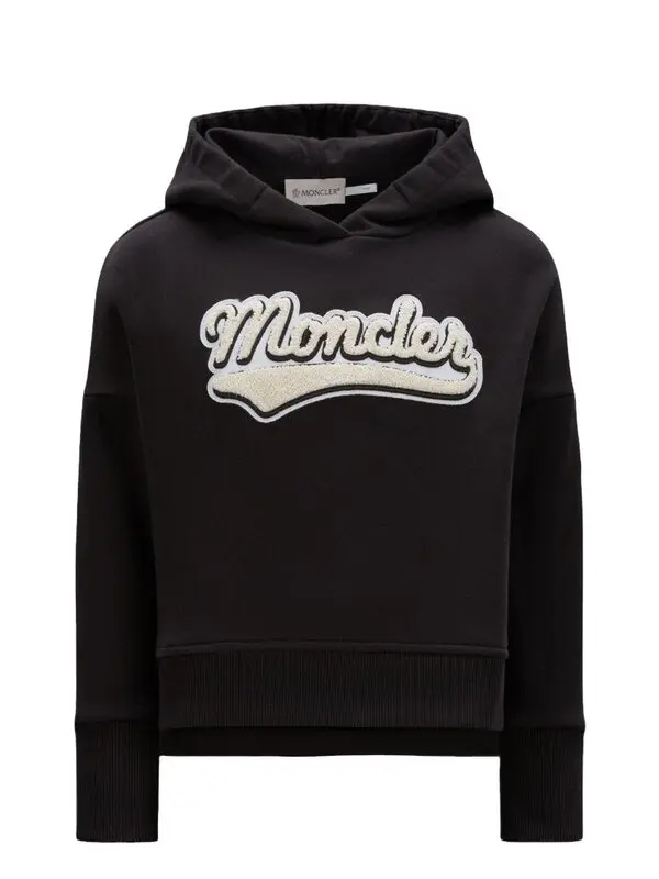 Moncler Logo Flocked Long-sleeved Hoodie - Black