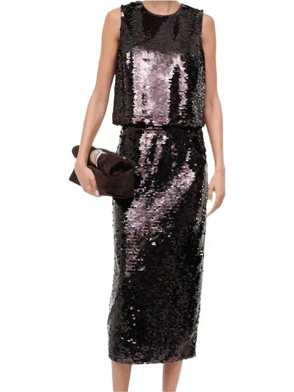Staud Ciara Sequin Embellished Knee-length Skirt - Espresso Black