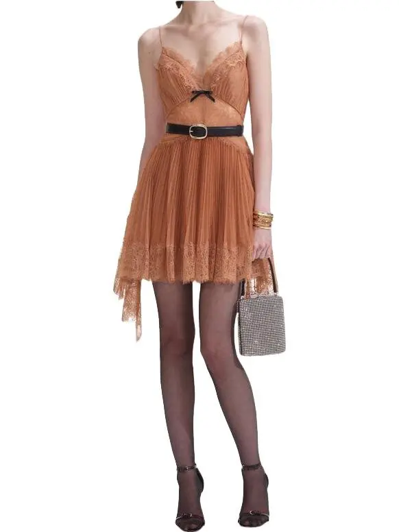 SELF-PORTRAIT Dot Mesh Mini Dress With Lace Trim And Belt - Tan