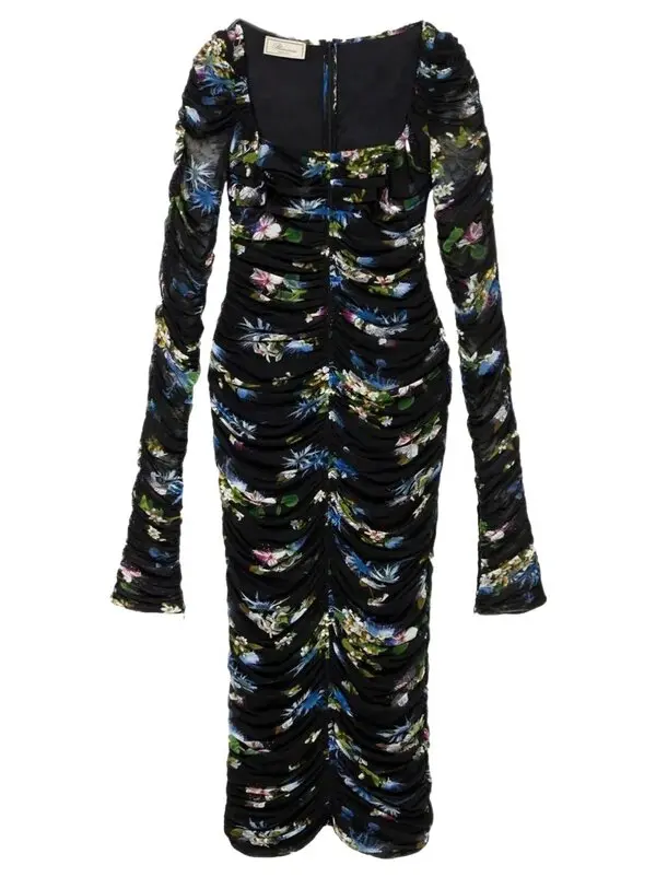 Blumarine Floral Gathered Midi Dress - Black
