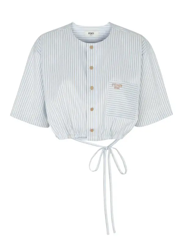 Fendi Cropped Striped Shirt With Front Tie - Light Blue