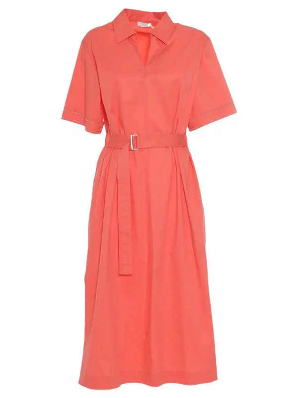 Peserico Midi Dress With Belted Waist And Classic Collar - Orange
