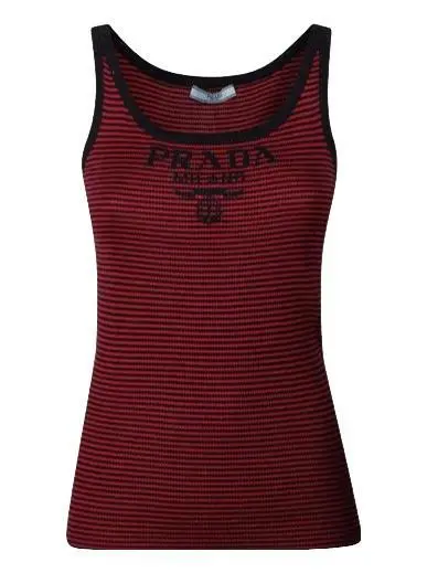 Prada Logo Embroidered Striped Knit Tank Top - Brown