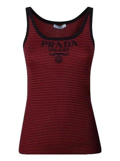 Prada Logo Embroidered Striped Knit Tank Top - Brown