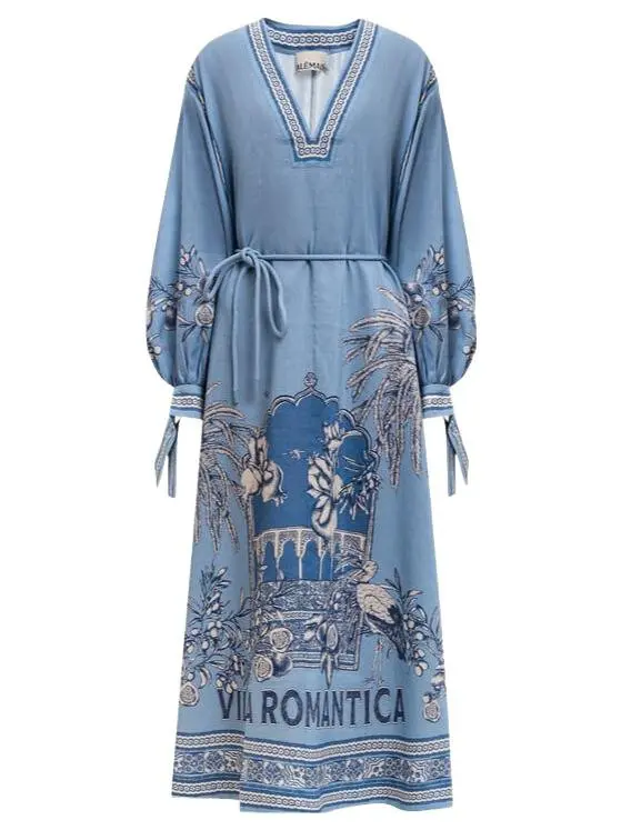 ALEMAIS Long Sleeve V-neck Printed Dress - Blue