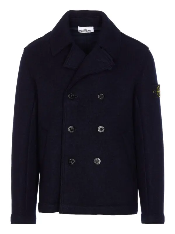 Stone Island Double-breasted Coat With Logo Patch - Blue