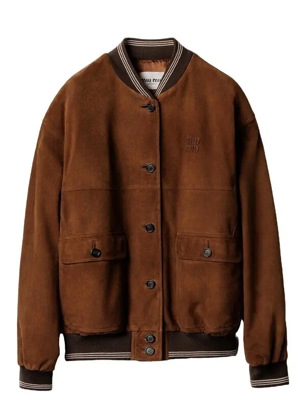 Miu Miu Suede Bomber Jacket With Embossed Monogram - Brandy