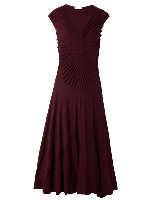 Alaïa V-neck Pleated Sleeveless Midi Dress - Wine Red