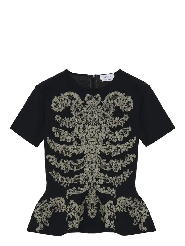 Alexander McQueen Lace Ribcage Jacquard Peplum Top - Black