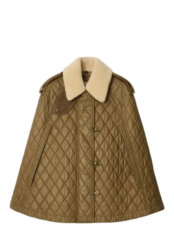 Burberry Shearling Collar Quilted Heath Cape - Walrus Brown/hemlock Beige