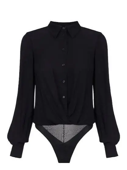 Elisabetta Franchi Slim Fit Georgette Bodysuit With Lapel Collar And Cross-over Drape - Black
